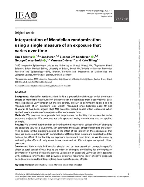 Pdf Interpretation Of Mendelian Randomization Using A Single Measure Of An Exposure That