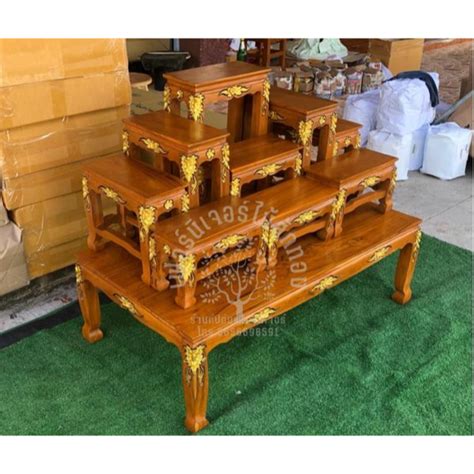 โต๊ะหมู่บูชาพระ ไม้สักทอง โต๊ะหมู่บูชา หมู่ 9 หน้า 6 แกะลาย ไม้สัก ขนาดฐาน กว้าง 53 ยาว 100 สูง