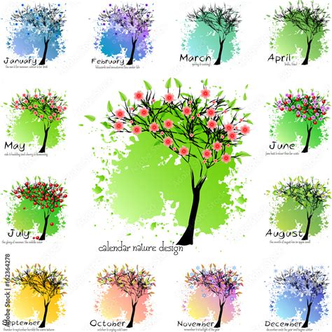 Calendar Design With Abstract Seasonal Tree And Slogan For All Months Shape Of Tree For All