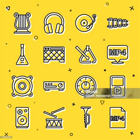 라인 Mp4 파일 문서 음악 플레이어 비닐 기타 앰프 발랄라이카 고대 그리스 거문고 및 삼각형 악기 아이콘을 설정합니다 벡터 0명에 대한 스톡 벡터 아트 및 기타 이미지