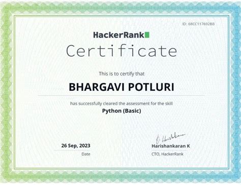 Completion Of Python Basic Certificate On Hackerrank Bhargavi Potluri Posted On The Topic