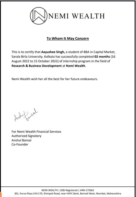 Completed Internship At Nemi Wealth Had A Great Experience I Got This