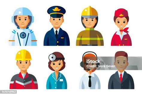 다른 직업 남자와 여자의 벡터 세트입니다 제복을 입은 남자와 여자 만화 캐릭터가 고립되어 있습니다 직업 아바타 아이콘 평면 그림