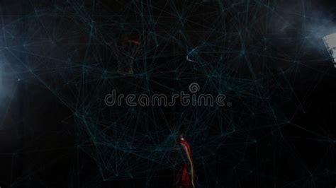 Animation Of Glowing Blue Lines And Nodes Over Person In Red Jacket Stock Footage Video Of