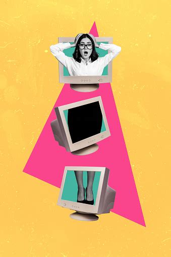 스케치 이미지 트렌드 3d 사진 콜라주 충격을 받은 숙녀 몸의 부품으로 나뉘어 오래된 컴퓨터 모니터에서 머리 두통에 손을 잡고 나타납니다 20 24세에 대한 스톡 사진 및