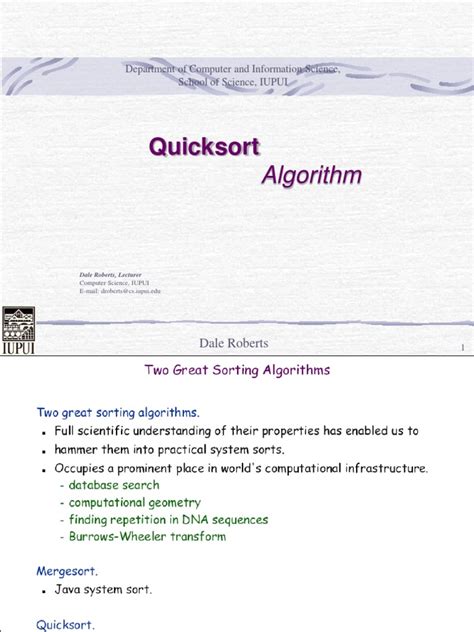 quicksort algorithm department of computer and information science school of science iupui