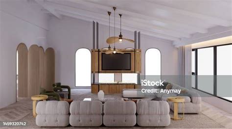 3d 렌더링 3d 그림 인테리어 장면 및 모형 스칸디나비아 스타일의 거실 화덕과 샹들리에가 구비되어 있습니다 0명에 대한 스톡 사진 및 기타 이미지 Istock