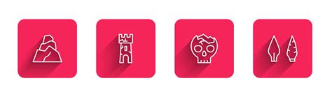 바위 돌 천수각 부서진 인간의 두개골 긴 그림자가 있는 석기 시대 화살촉을 설정합니다 빨간색 사각형 버튼입니다 벡터 거친에 대한 스톡 벡터 아트 및 기타 이미지 Istock