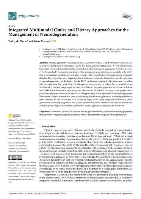 Pdf Integrated Multimodal Omics And Dietary Approaches For The Management Of Neurodegeneration