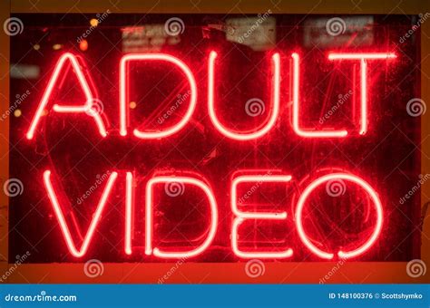 Illuminated Red Neon Adult Video Sign On Display Stock Photo Image Of