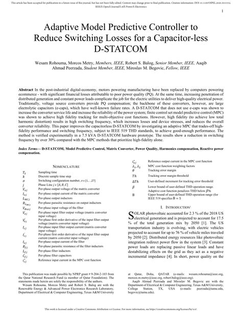 Pdf Adaptive Model Predictive Controller To Reduce Switching Losses For A Capacitor Less D Statcom