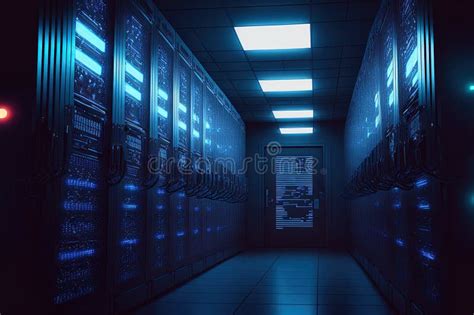 Blue Lights In A Dark Server Room Data Center Stock Illustration Illustration Of Attack
