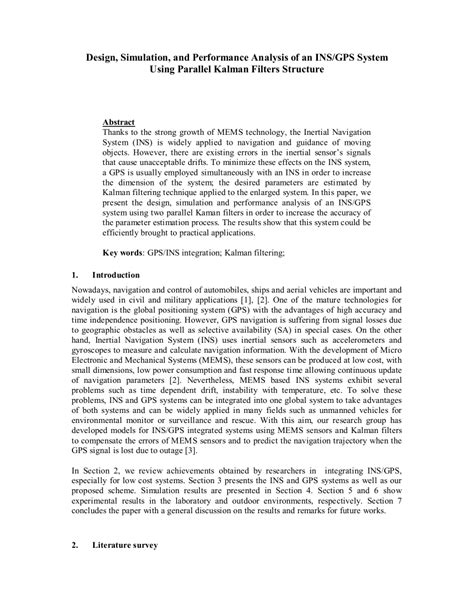 Pdf Design Simulation And Performance Analysis Of An Insgps System Using Parallel Kalman