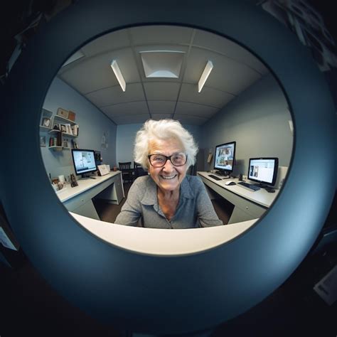 Premium Photo Happy Old Woman In Office Space Computer Screens In Background Wiew Through The
