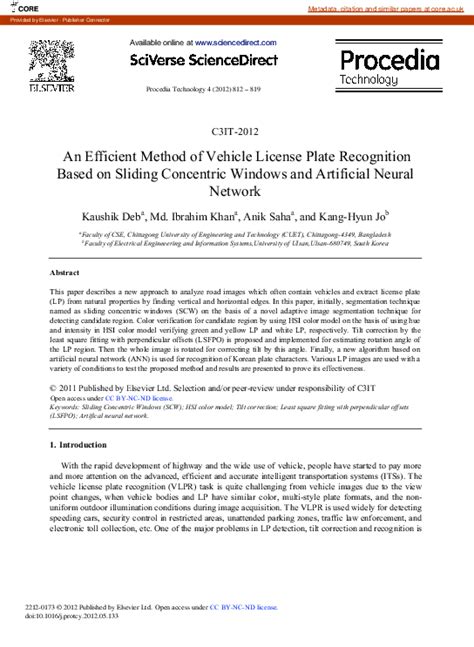 Pdf An Efficient Method Of Vehicle License Plate Recognition Based On