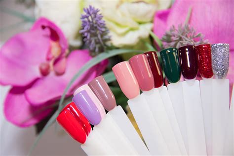 네일 케어와 매니큐어 개념입니다 고객의 손톱에 대 한 여러 가지 빛깔의 매니큐어 팔레트 Choise 뷰티 살롱에서 여자입니다 텍스트에 대 한 Copyspace 0명에 대한