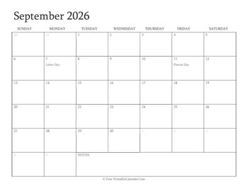 September 2026 Calendar Horizontal Layout