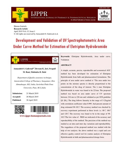 Pdf Development And Validation Of Uv Spectrophotometric Area Under Curve Method For Estimation