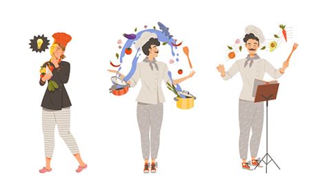 고급 요리 세트 벡터 일러스트의 맛있는 요리를 요리하는 재능있는 마스터 요리사 기술에 대한 스톡 벡터 아트 및 기타 이미지