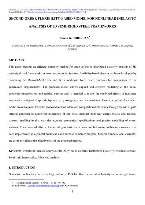 Pdf Second Order Flexibility Based Model For Nonlinear Inelastic Analysis Of 3d Semi Rigid