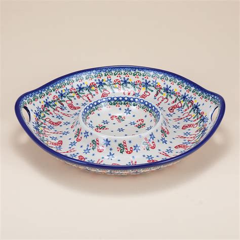 Polish Pottery Candy Cane Kisses Chip And Dip Platter Uno Alla Volta