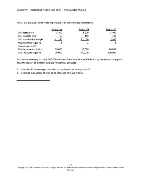 Incremental Analysis For Short Term Decisions Chapter 7 Exercise 2