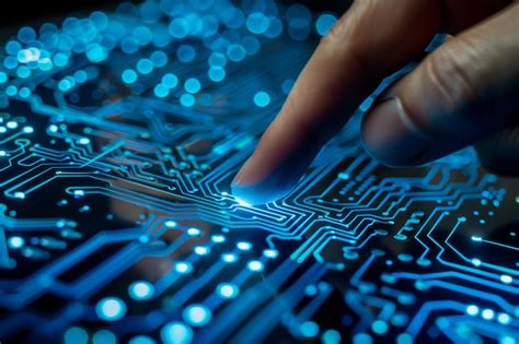 Premium Photo Tech Connection Hand Touching Digital Screen With Data