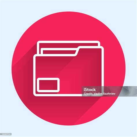 긴 그림자로 격리된 흰색 줄 문서 폴더 아이콘입니다 회계 바인더 기호입니다 부기 관리 빨간색 원 버튼입니다 벡터 일러스트레이션 개념에 대한 스톡 벡터 아트 및 기타 이미지