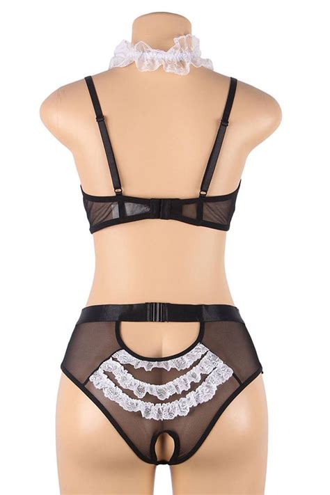 Plus Size Black Sheer Mesh Maid Lingerie Set Lingeriediva
