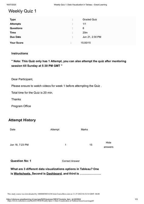 Weekly Quiz 1 Data Visualization In Tableau