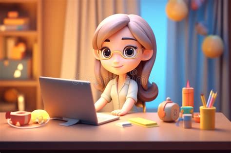 A Business Girl Working With Laptop On Desk 3d Tiny Cute Isometric Generative Ai Stock