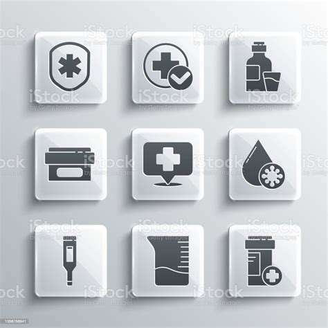 측정 컵 의학 병 혈액 검사 및 바이러스 크로스 병원 의료 디지털 온도계 연고 크림 튜브 약 방패 및 시럽 아이콘병과 지도 포인터를 설정합니다 벡터 건강 진단에 대한 스톡