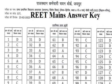 Reet Mains Answer Key 2023 Rajasthan 3rd Grade Answer Key Teacher