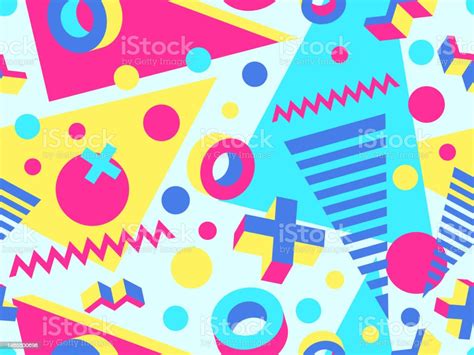 80년대 스타일의 3d 모양이 있는 기하학적 매끄러운 패턴 다양한 색상의 아이소메트릭 3d 기하학적 모양 종이 배너 및 배경 화면에 인쇄하기위한 디자인 벡터 그림 0명에