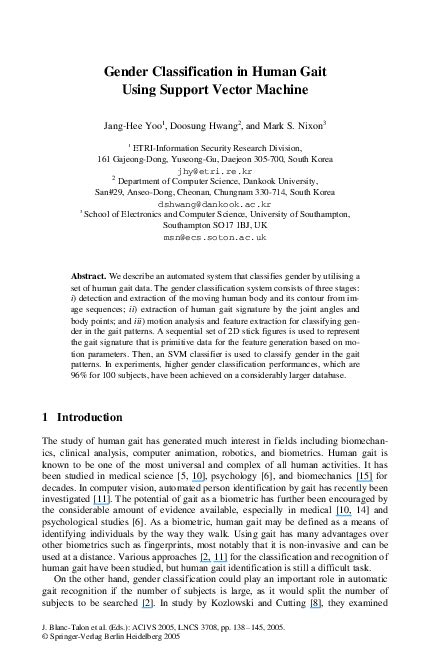 Pdf Gender Classification In Human Gait Using Support Vector Machine