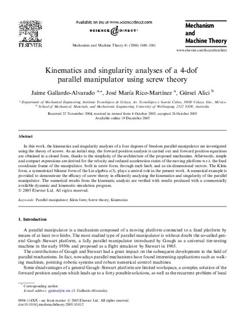 Pdf Kinematics And Singularity Analyses Of A 4 Dof Parallel