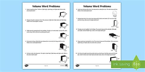 Volume Word Problems For 3rd 5th Grade Teacher Made