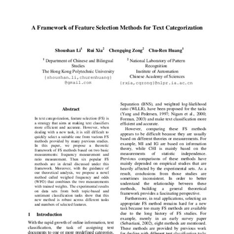 A Framework Of Feature Selection Methods For Text Categorization Acl Anthology