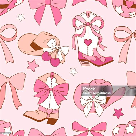 서양 카우걸 부츠와 활을 가진 완벽 한 벡터 패턴 손으로 그린 여성스러운 로데오 배경입니다 Eps 10 벡터 파일 직물 벽지 또는 보육원 프린트 디자인에 적합합니다 0명에