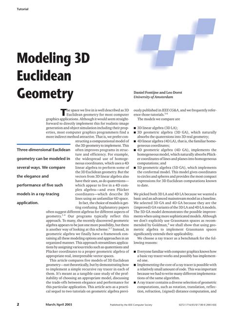 Pdf Performance And Elegance Of Five Models Of 3d Euclidean Geometry In A Ray Tracing Application