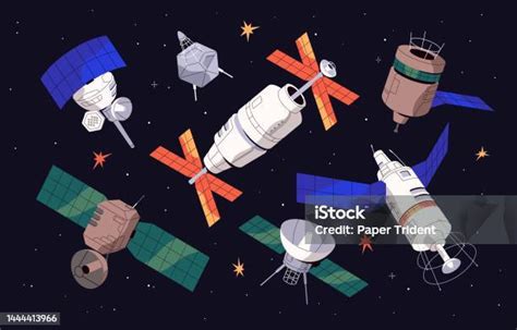 우주 공간의 인공 위성 우주의 우주선 안테나 태양 전지판 엔진 및 레이더가 있는 다양한 우주 궤도 물체가 우주에 떠 있고 날아갑니다 평면 벡터 그림 위성 우주선에 대한 스톡