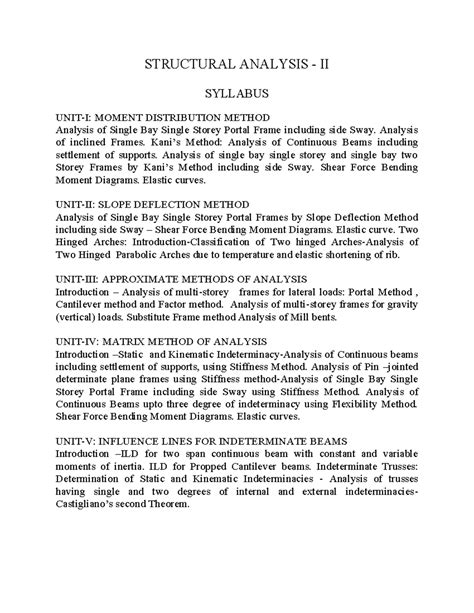 Structural Analysis Ii Structural Analysis Ii Syllabus Unit I