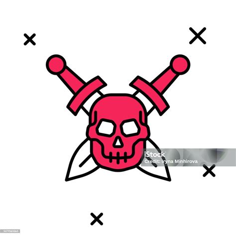 흰색 배경에 고립 된 두개골 아이콘과 함께 가득 찬 윤곽은 중세 칼을 교차 중세 무기 벡터 가득 찬에 대한 스톡 벡터 아트 및