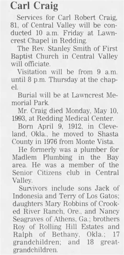 Obituary For Carl Robert Craig ™