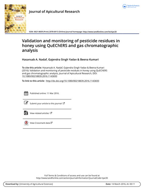 Pdf Validation And Monitoring Of Pesticide Residues In Honey Using Quechers And Gas