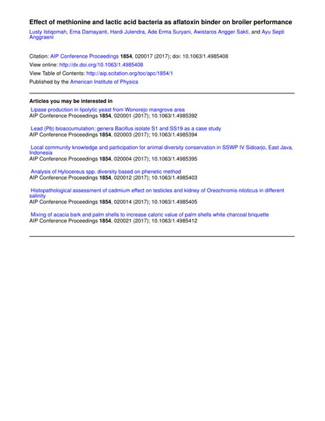 Pdf Effect Of Methionine And Lactic Acid Bacteria As Aflatoxin Binder