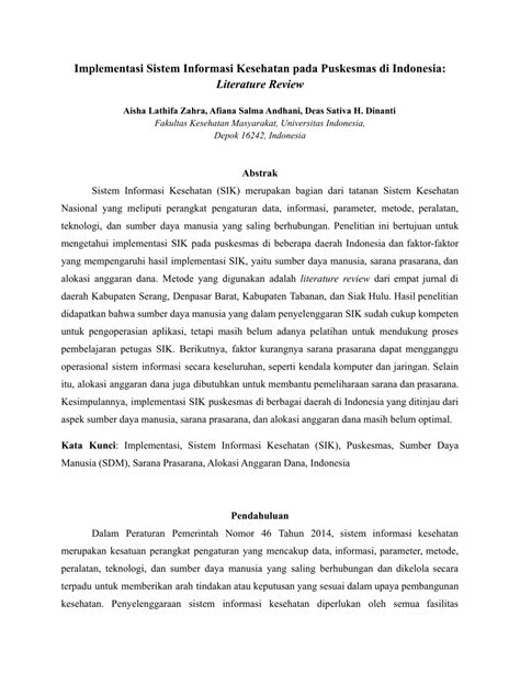 Pdf Implementasi Sistem Informasi Kesehatan Pada Puskesmas Di Indonesia Literature Review