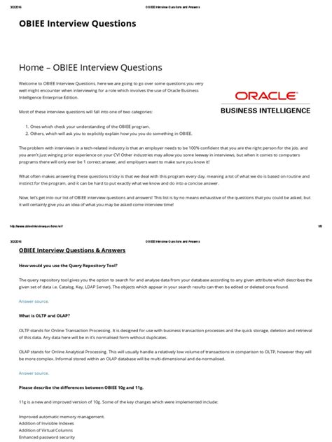 obiee interview questions and answers pdf data warehouse oracle database