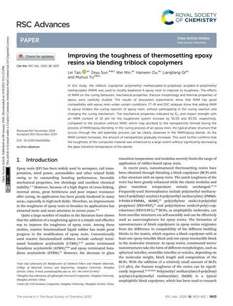 Pdf Improving The Toughness Of Thermosetting Epoxy Resins Via