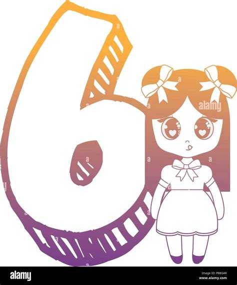 Cute Number Six And Anime Girl Icon Over White Background Vector Illustration Stock Vector